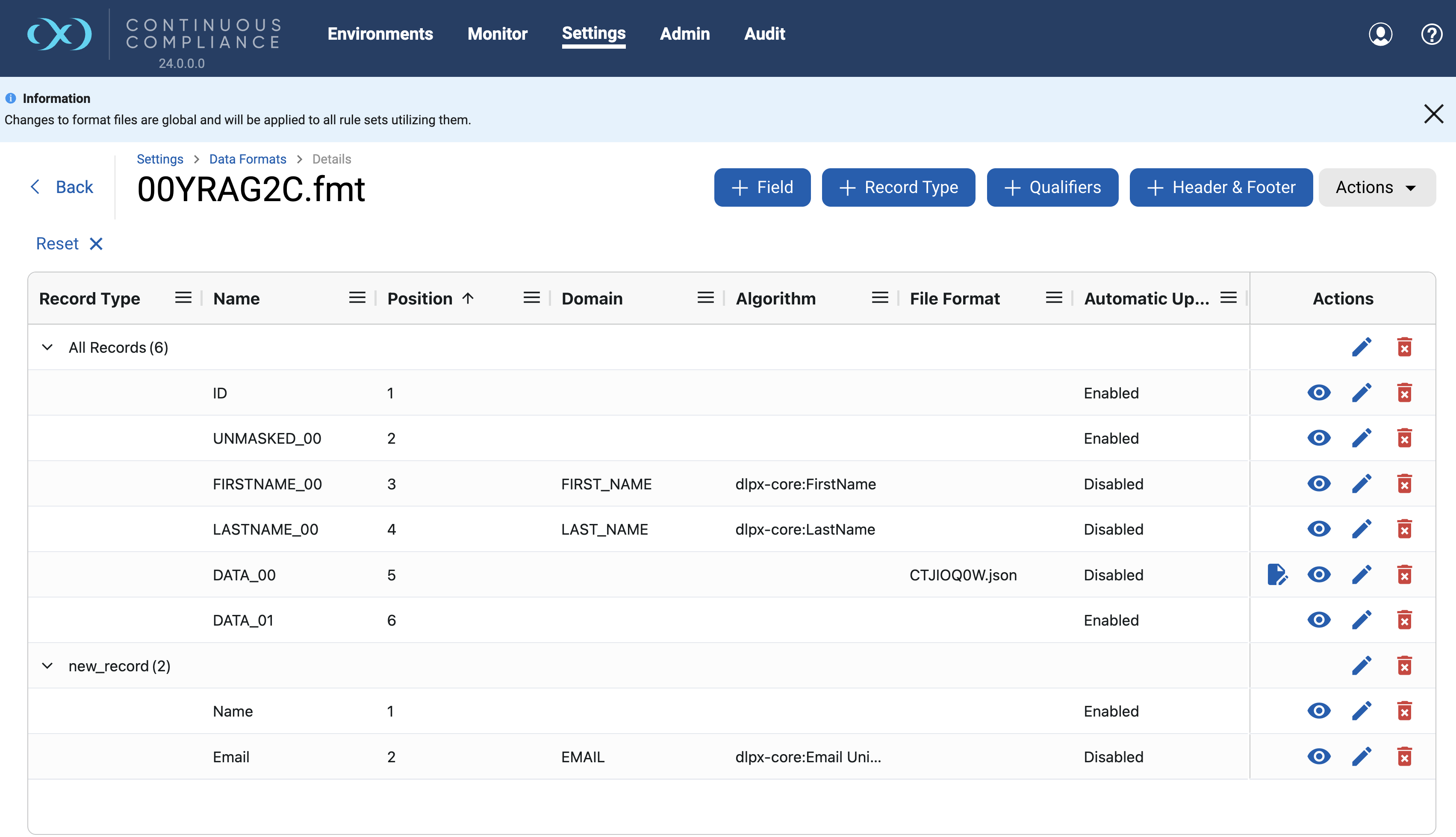 Managing record types and header/footer records