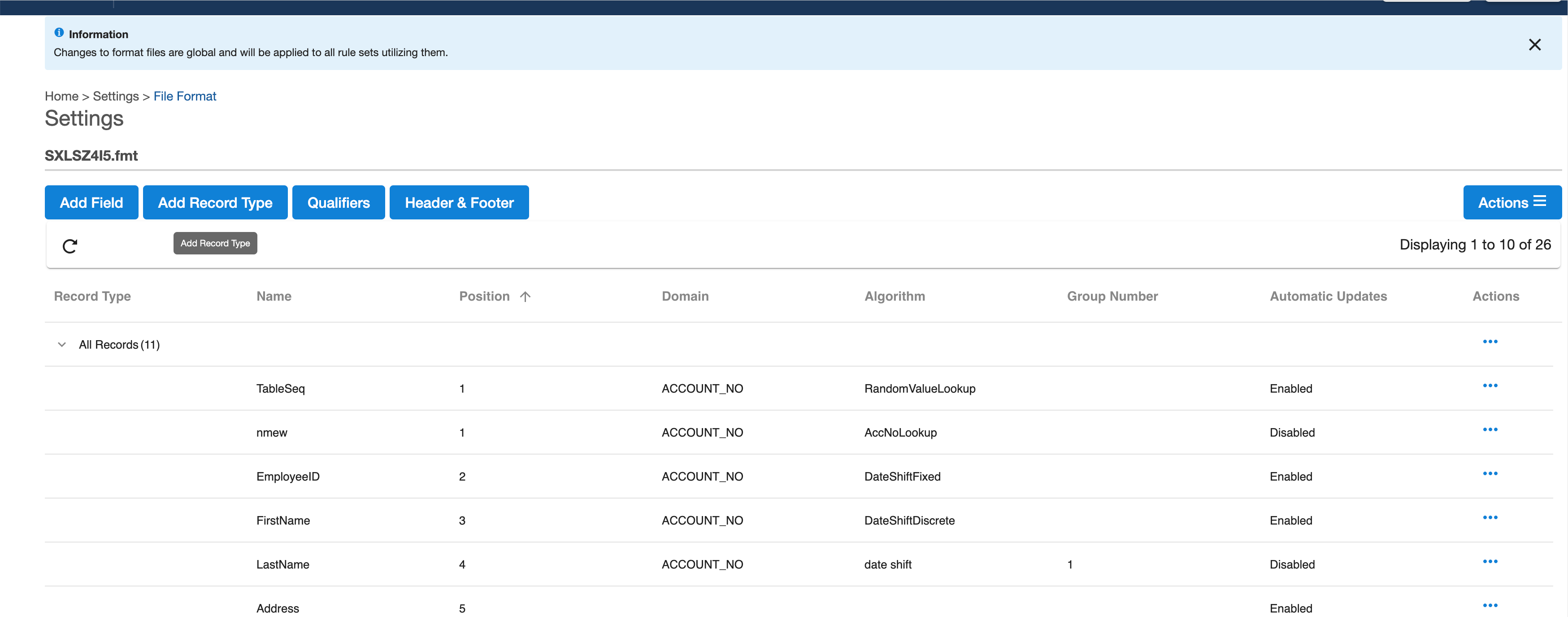 Managing record types and header/footer records