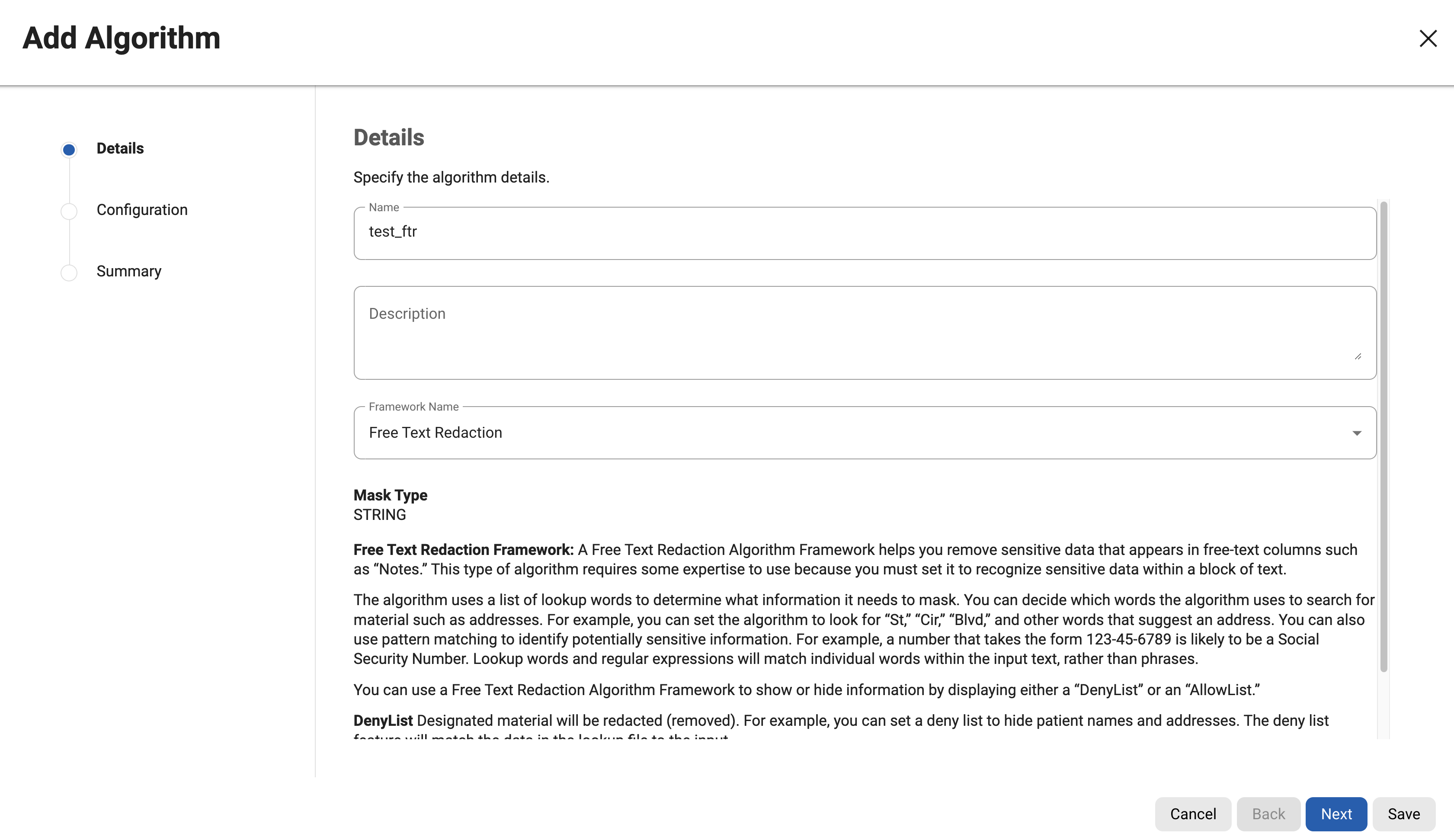 Free Text Redaction (Algorithm frameworks)